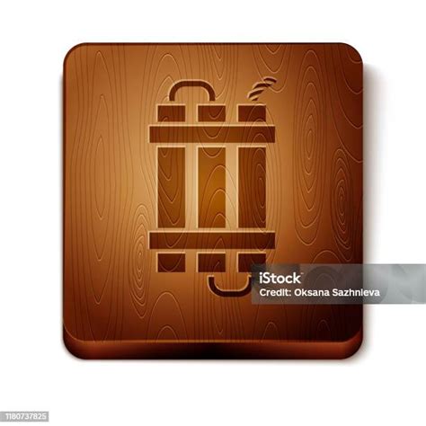 갈색 폭발 다이너 마이트 폭탄 스틱과 흰색 배경에 고립 된 타이머 시계 아이콘 시한 폭탄 폭발 위험 개념 나무 사각형 버튼입니다 벡터 일러스트레이션 개념에 대한 스톡 벡터