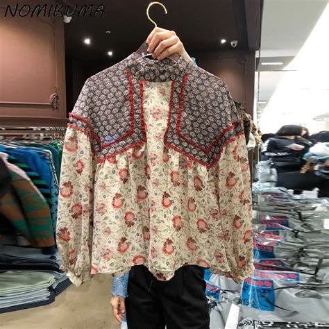 노미쿠마 꽃 패치 워크 여성 셔츠 인과 긴 소매 스탠드 넥 블라우스 탑스 봄 신상품 Blusas Camisas Mujer 블라우스 AliExpress