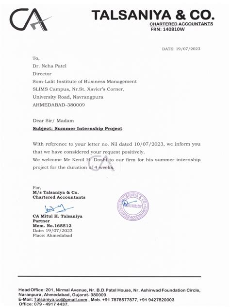 Summer Internship Project Letter For Kenil Doshi Pdf