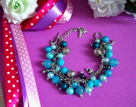 Браслет морський бриз блакитний стальний підвіски ланцюжок дельфін перлини кришталь літня оздоба