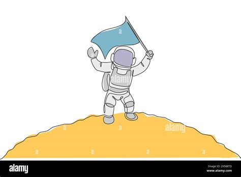 Single Continuous Line Drawing Science Astronaut In Moon Surface Waving Flag To Celebrate The