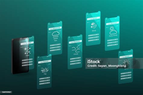 일기 예보 아이콘이있는 스마트 폰 모델 또는 스마트 폰 화면 템플릿 개체 그룹에 대한 스톡 벡터 아트 및 기타 이미지 개체 그룹 구름 날씨 Istock