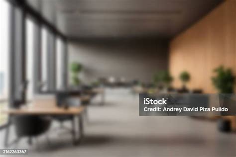 비즈니스 개념 및 작업 공간 식물과 나무 책상이 있는 조명이 밝은 현대적인 사무실 인테리어의 흐릿한 배경 현대적인 비즈니스 시설 사무실에 대한 스톡 사진 및 기타 이미지