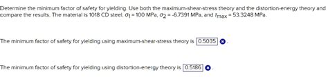 Solved Determine The Minimum Factor Of Safety For Yielding Use Both The Maximum Shear Stress