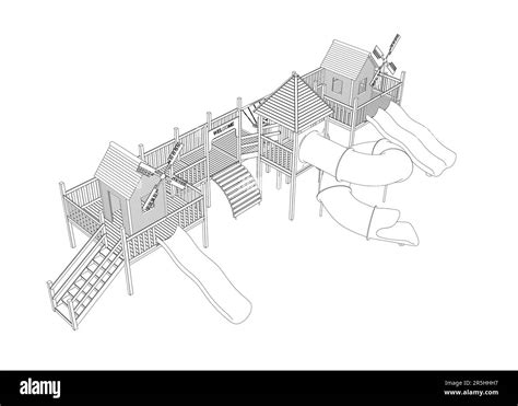 Outline Of A Playground With Slides From Black Lines Isolated On A White Background Isometric