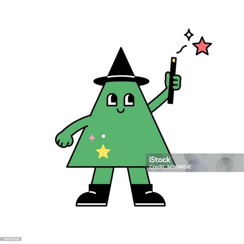 귀여운 모양의 캐릭터 마법사 모자를 쓰고 주문을 시전하는 삼각형 고리 세공에 대한 스톡 벡터 아트 및 기타 이미지 고리 세공 귀여운 기하 도형 Istock