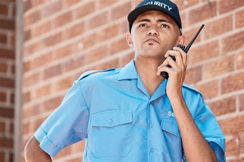 Man Walkie Talkie And Security Guard In City In Conversation Communication Or Surveillance