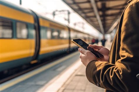 focus hand of human using mobile phone at railway station ai