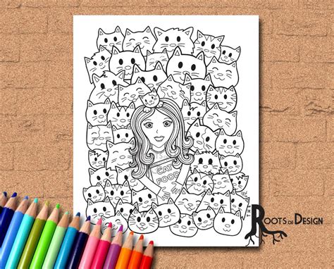 INSTANT DOWNLOAD Coloring Page Crazy Cat Lady Doodle Art Printable Etsy