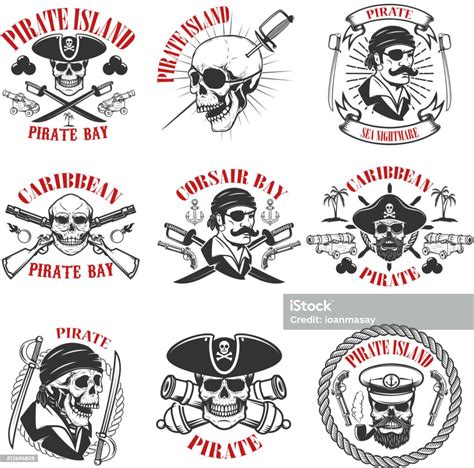 해 적 엠 블 럼 Onwhite 배경입니다 해 적 해골 무기 칼 총입니다 레이블 상징 기호 포스터 T셔츠를 위한 디자인 요소입니다 벡터 일러스트 레이 션 검에 대한 스톡