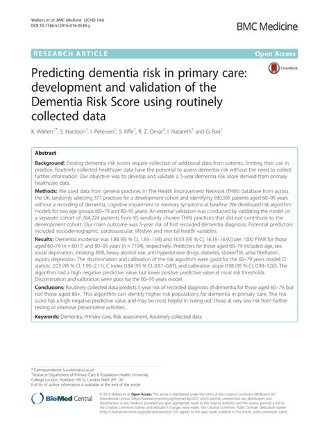 Pdf Predicting Dementia Risk In Primary Care Development And