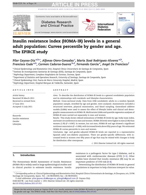 Pdf Insulin Resistance Index Homa Ir Levels In A General Adult