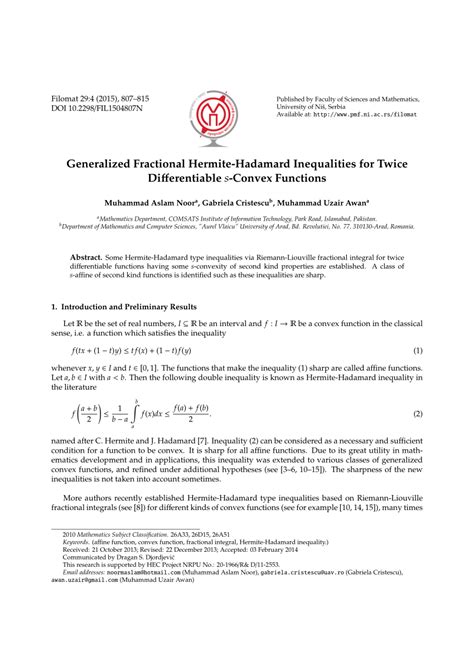 Pdf Generalized Fractional Hermite Hadamard Inequalities For Twice
