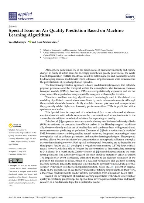 Pdf Special Issue On Air Quality Prediction Based On Machine Learning Algorithms