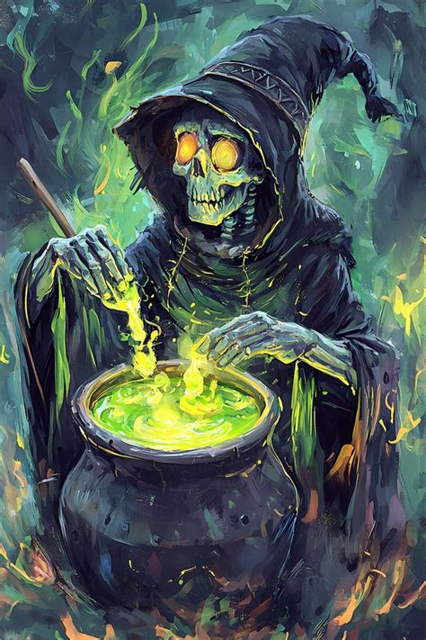 Grim Reaper Skeleton Brewing Glowing Green Potion In Cauldron Fantasy