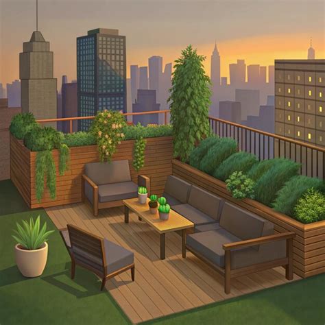 A Cartoon Illustration Of A Deck With A View Of A City Premium Ai