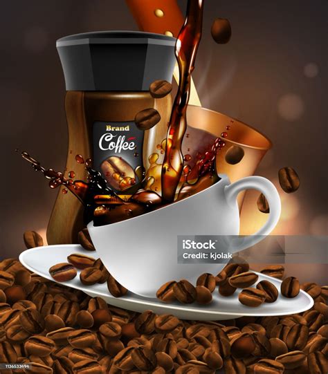 커피와 스플래시 효과 3d 벡터의 컵 광고 디자인 높은 상세한 현실적인 그림 광고에 대한 스톡 벡터 아트 및 기타 이미지 광고 커피 콩 컵 Istock