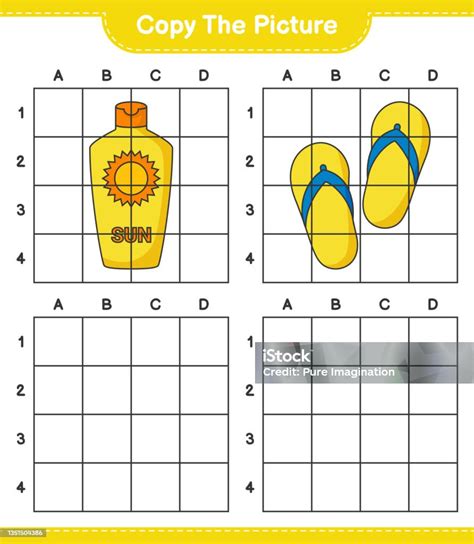 그림을 복사하고 그리드 라인을 사용하여 선스크린 사진을 복사하고 플립 플롭을 복사합니다 교육 어린이 게임 인쇄 워크 시트 벡터 일러스트레이션 0명에 대한 스톡 벡터 아트 및