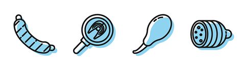 세트 라인 치킨 다리 소시지 프라이팬에 생선 스테이크와 살라미 소시지 아이콘 벡터 고기에 대한 스톡 벡터 아트 및 기타 이미지 고기 굽기 다리 신체 부분 Istock