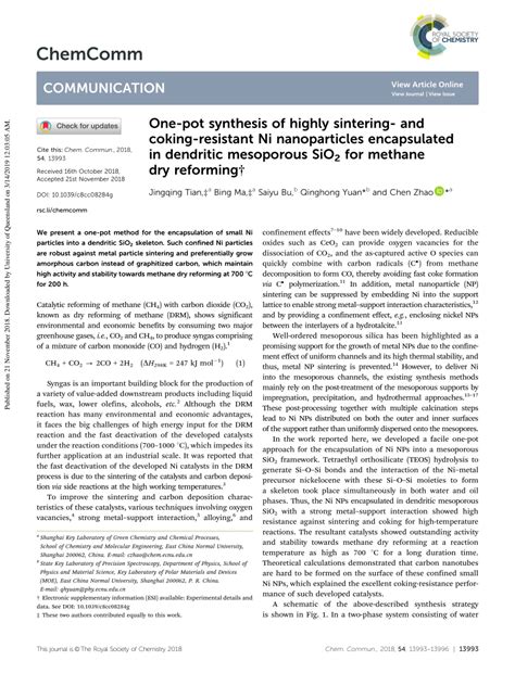Pdf One Pot Synthesis Of Highly Sintering And Coking Resistant Ni Nanoparticles Encapsulated