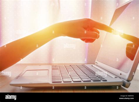 Business Woman Touching Screen Of Laptop Stock Photo Alamy