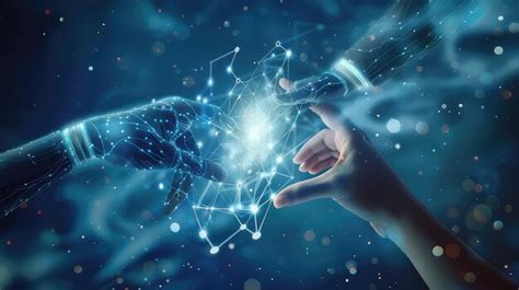 premium photo ai hands of robot and human touching on big data