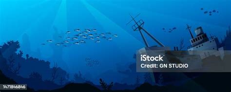 침몰한 배 짙은 푸른 바다 아래 난파선 보트 바닷물 태양 달 광선 가벼운 물마루 수중 해양 바닥 해저 자연 산호초 배경 풍경 전망의 물고기 벡터 그림 가라앉은에 대한 스톡