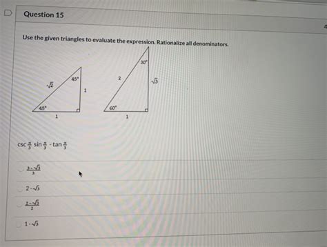 solved question 15 4 use the given triangles to evaluate the