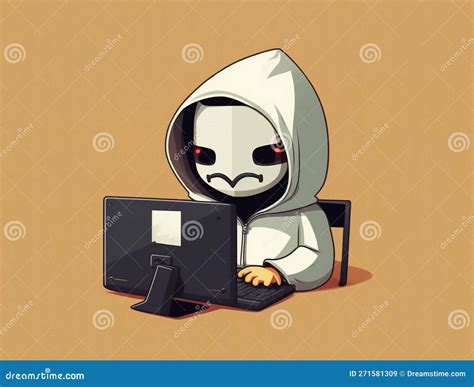 Cute Anonymous Hacker With White Hoodie Using Computer Laptop Concept Of Ethical Hacking