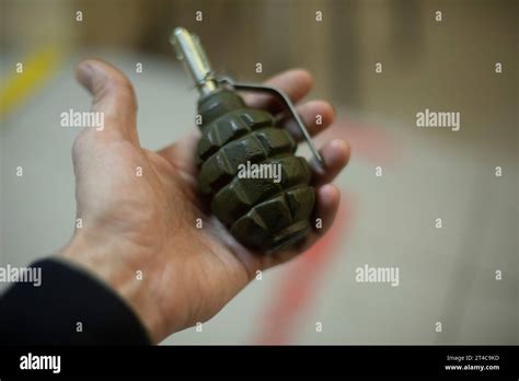 Hand Holding Grenade There Are Explosives In Palm Of Person S Hand Munitions Training Grenade