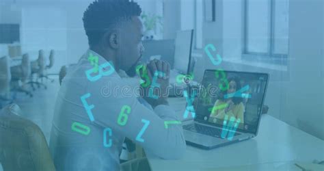 Image Of Network Of Connections With Icons Over Businessman Using Computer Stock Illustration