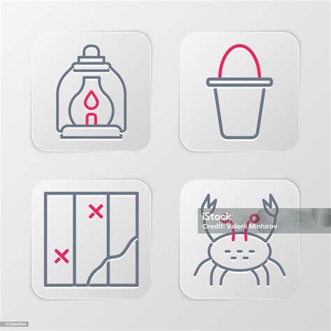 라인 크랩 접힌 지도 낚시 양동이 및 캠핑 랜턴 아이콘을 설정합니다 벡터 가득 찬에 대한 스톡 벡터 아트 및 기타 이미지 가득 찬 가리키기 갈고리 발톱 Istock