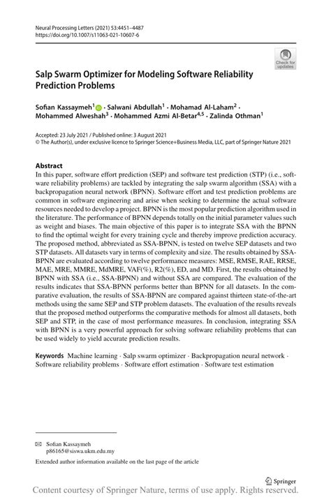 Salp Swarm Optimizer For Modeling Software Reliability Prediction Problems Request Pdf