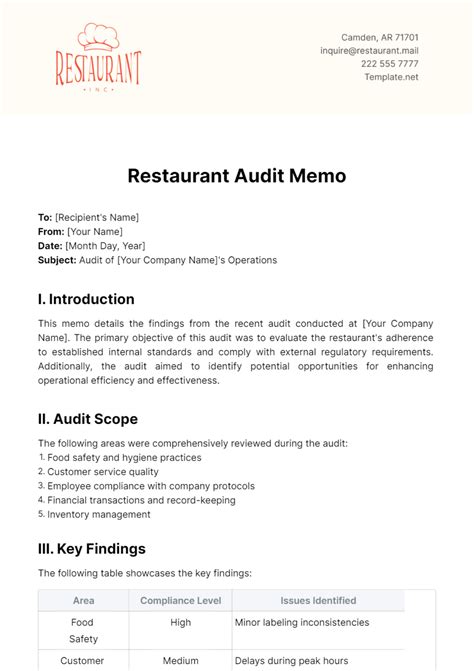 Free Restaurant Audit Memo Template To Edit Online