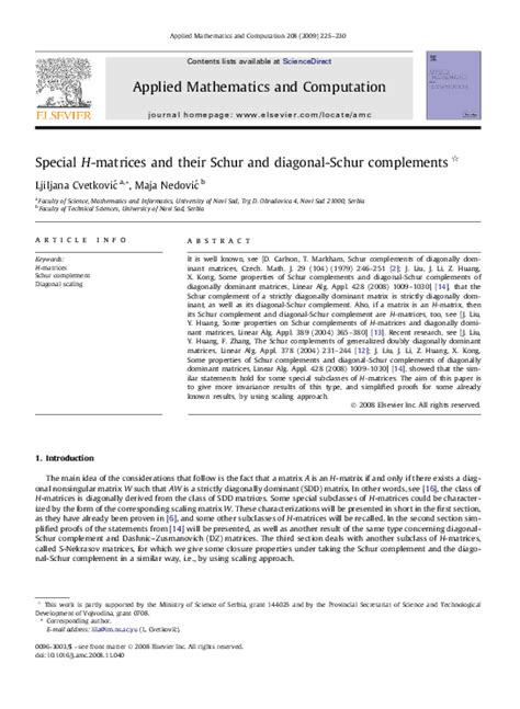 Pdf Special H Matrices And Their Schur And Diagonal Schur Complements