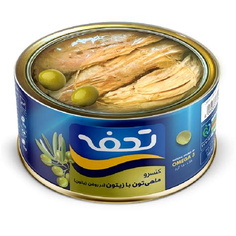 کنسرو درب شفاف ماهی تون با زیتون گروه توسعه صنایع تحفه