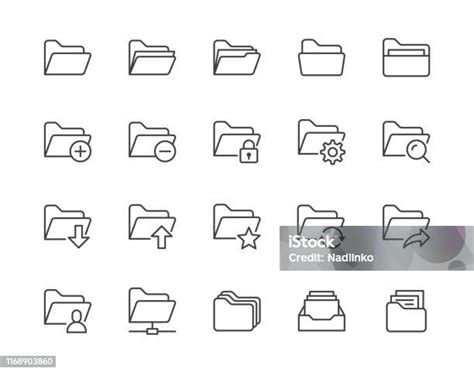폴더 플랫 라인 아이콘 세트 파일 카탈로그 문서 검색 폴더 동기화 로컬 네트워크 벡터 일러스트레이션 웹 사이트에 대한 최소한의