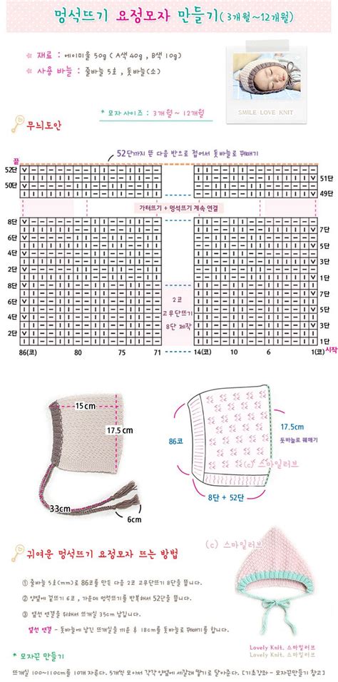 귀엽고 깜찍한 멍석뜨기 요정모자만들기 손뜨개 도안 뜨개질 동영상신생아~12개월 돌 사이즈 아기용 모자diy