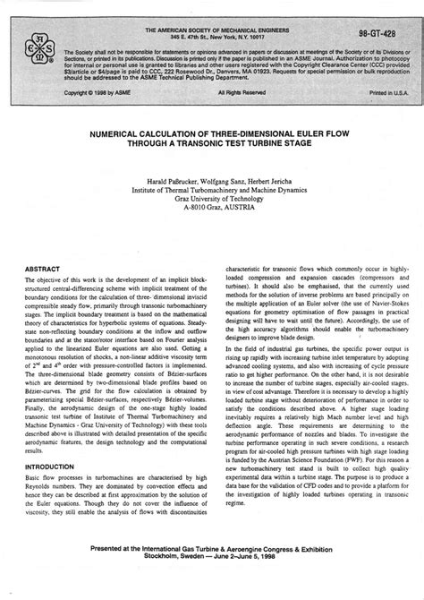 Pdf Numerical Calculation Of Three Dimensional Euler Flow Through A