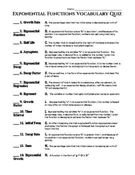 Exponential Functions Vocabulary Worksheet And Quiz Print And DIGITAL
