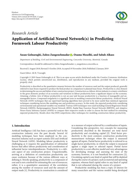 Pdf Application Of Artificial Neural Networks In Predicting Formwork Labour Productivity