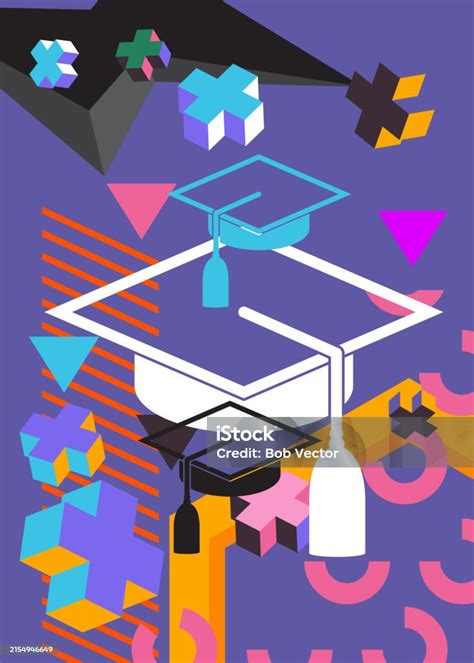 졸업 모자 박격포 보드 와 기하학적인 그래픽 복고풍 테마 배경 최소한의 기하학적 요소 빈티지 추상 모양 벡터 일러스트 레이 션 고등학교 이하에 대한 스톡 벡터 아트 및 기타