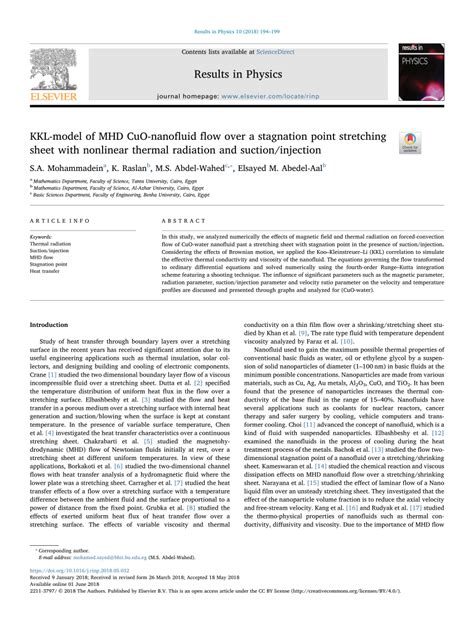 Pdf Kkl Model Of Mhd Cuo Nanofluid Flow Over A Stagnation Point Stretching Sheet With