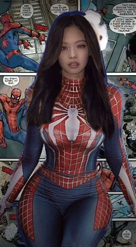 A Woman In A Spider Man Costume Standing Next To A Comic Strip