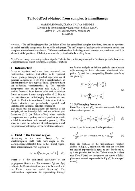 Pdf Talbot Effect Obtained From Complex Transmittances