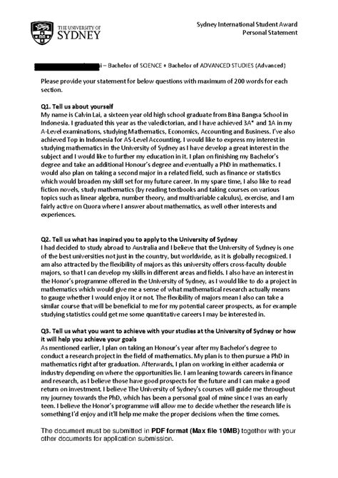 Contoh Personal Statement Usyd Sydney International Student Award
