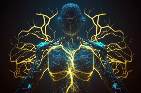 인간의 뇌와 몸이 빛나는 파란색 선 신경 연결 인공 지능 사이버 공간 Ai Generative 프리미엄 사진