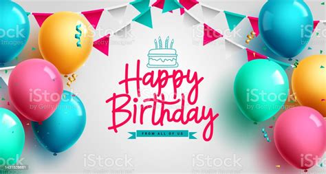 생일 축하 텍스트 벡터 디자인 생일 풍선 페넌트 및 색종이 파티 장식 어린이 축하 0명에 대한 스톡 벡터 아트 및 기타 이미지 0명 기념일 날기 Istock
