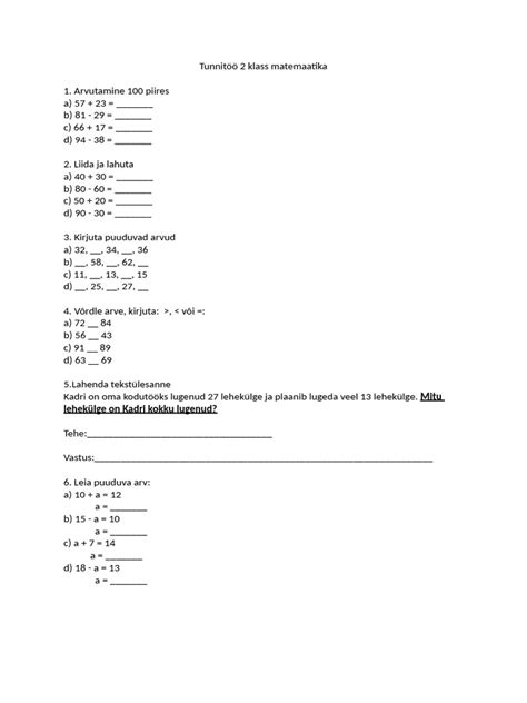 Tunnitöö 2 Klass Matemaatika Pdf