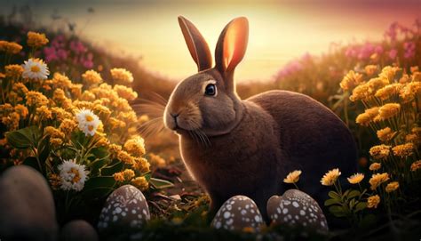 Premium Photo | Easter bunny with easter eggs in a field of flowers